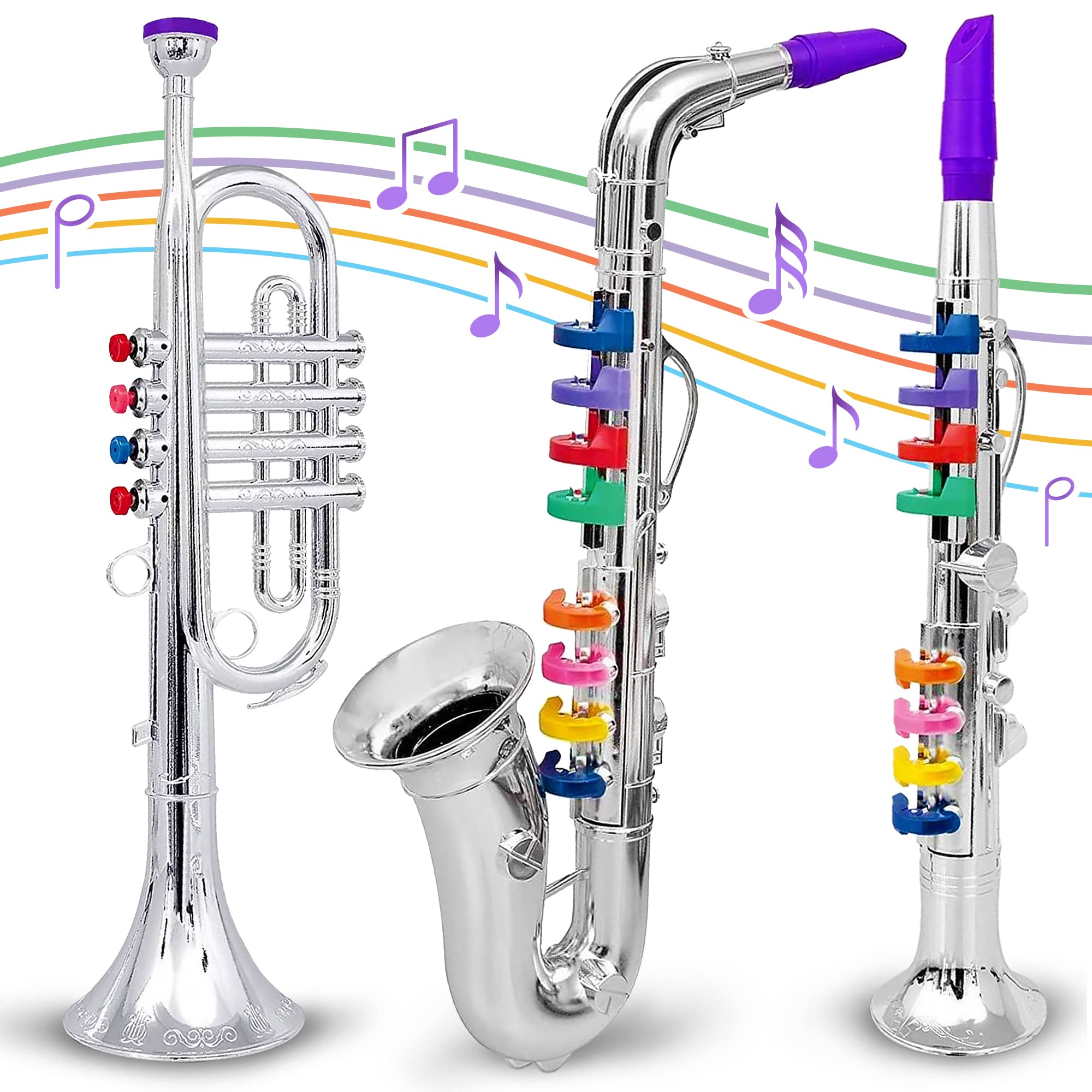 • 音楽遊びセット 子供向け3楽器セット 3つすべての長さは約16.5インチです。 • トランペット、クラリネット、サクソフォンシルバーカラーが含まれています。 • シンプルな色分けと番号が付けられており、より早く学びます。最も有名な曲の説...