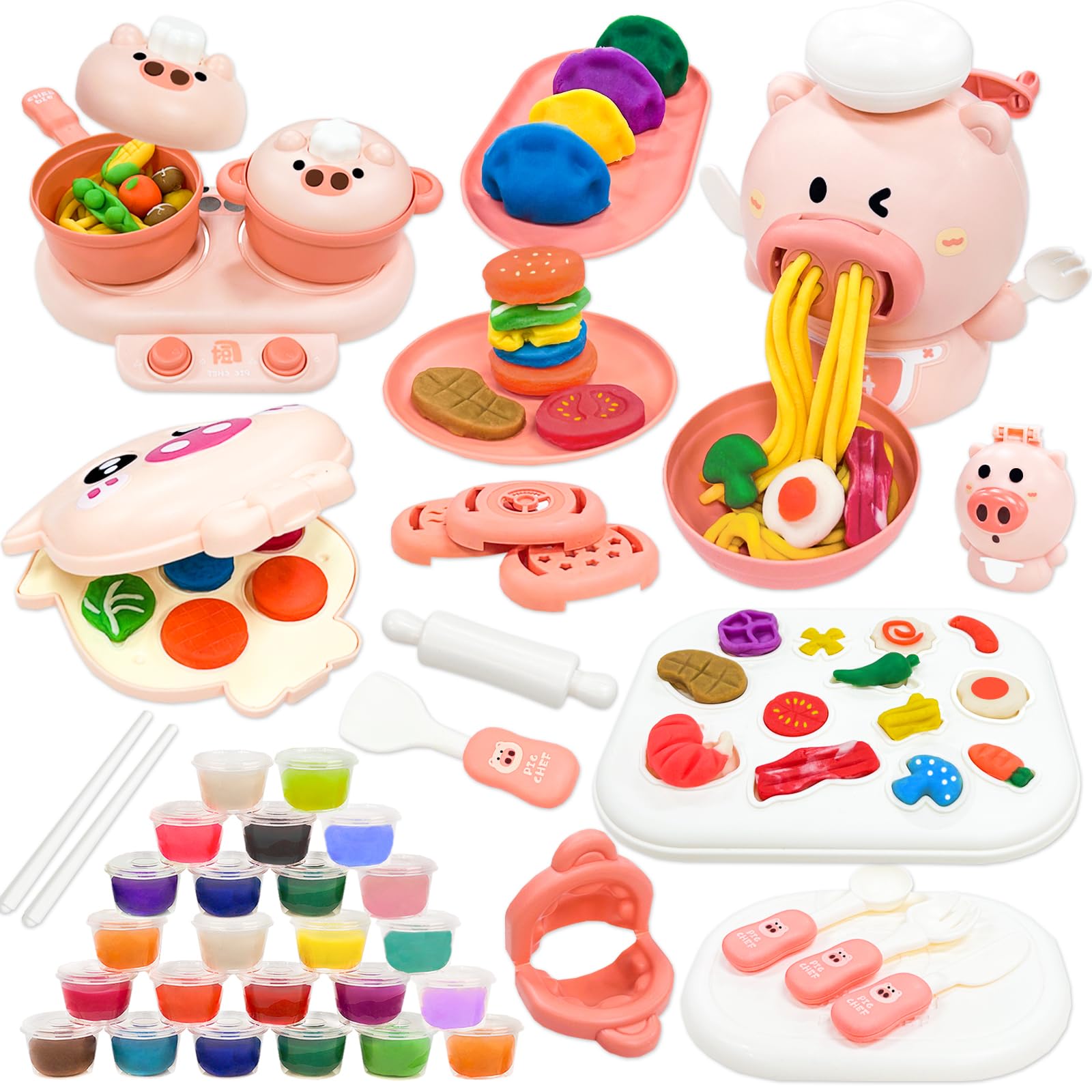 • セット内容：小麦粘土24色が入っているだけでなく、製麺機・ハンバーガー・野菜型・餃子メーカー・鍋・フライパン・食器などの豊富な小物がセットになっています！48点豪華的なセットで、ねんどをこねたり、丸めたり、切ったりして、ねんど遊びを楽し...