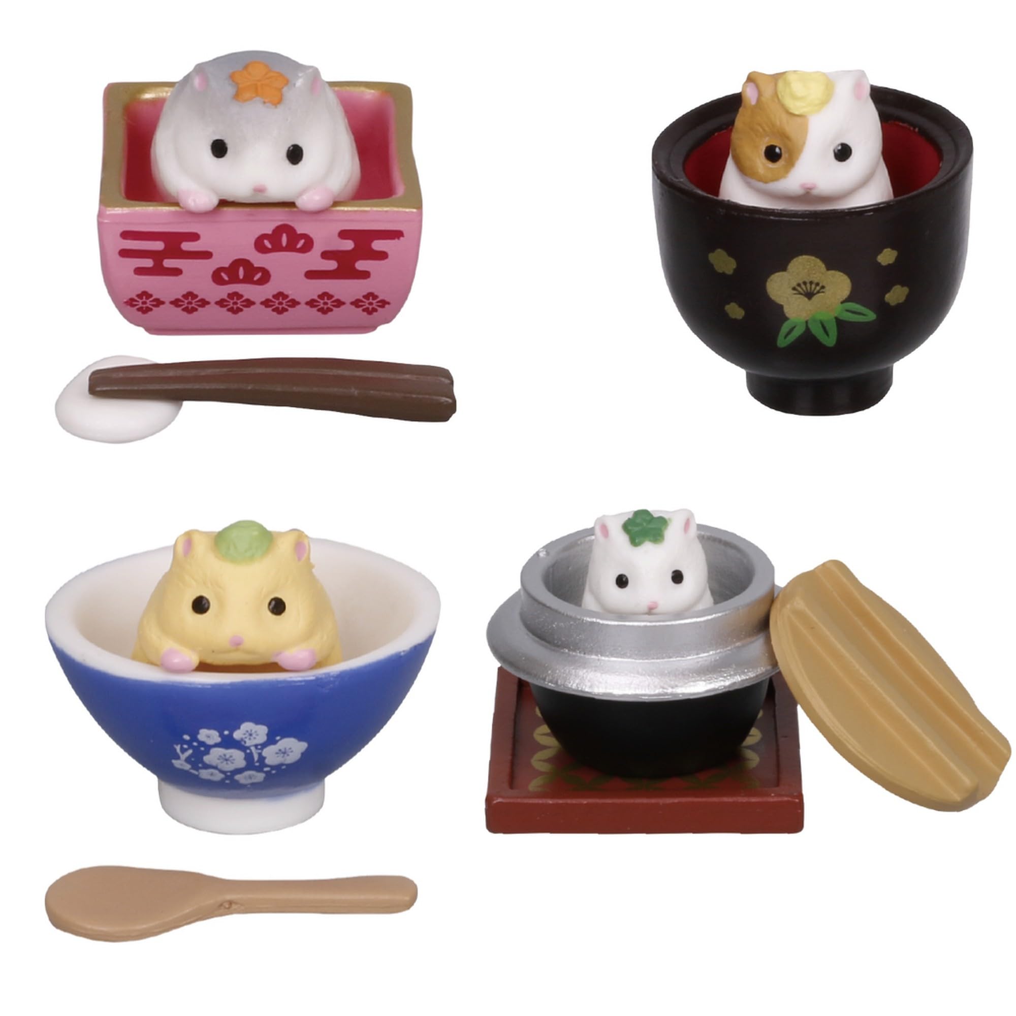 • 内容 1. はむ釜セット 2. はむ茶碗セット 3. はむ椀セット 4. はむ小鉢セット • 御膳料理になりきったハムスターたち • 御膳からハムスターがひょっこりのぞく姿に癒される!