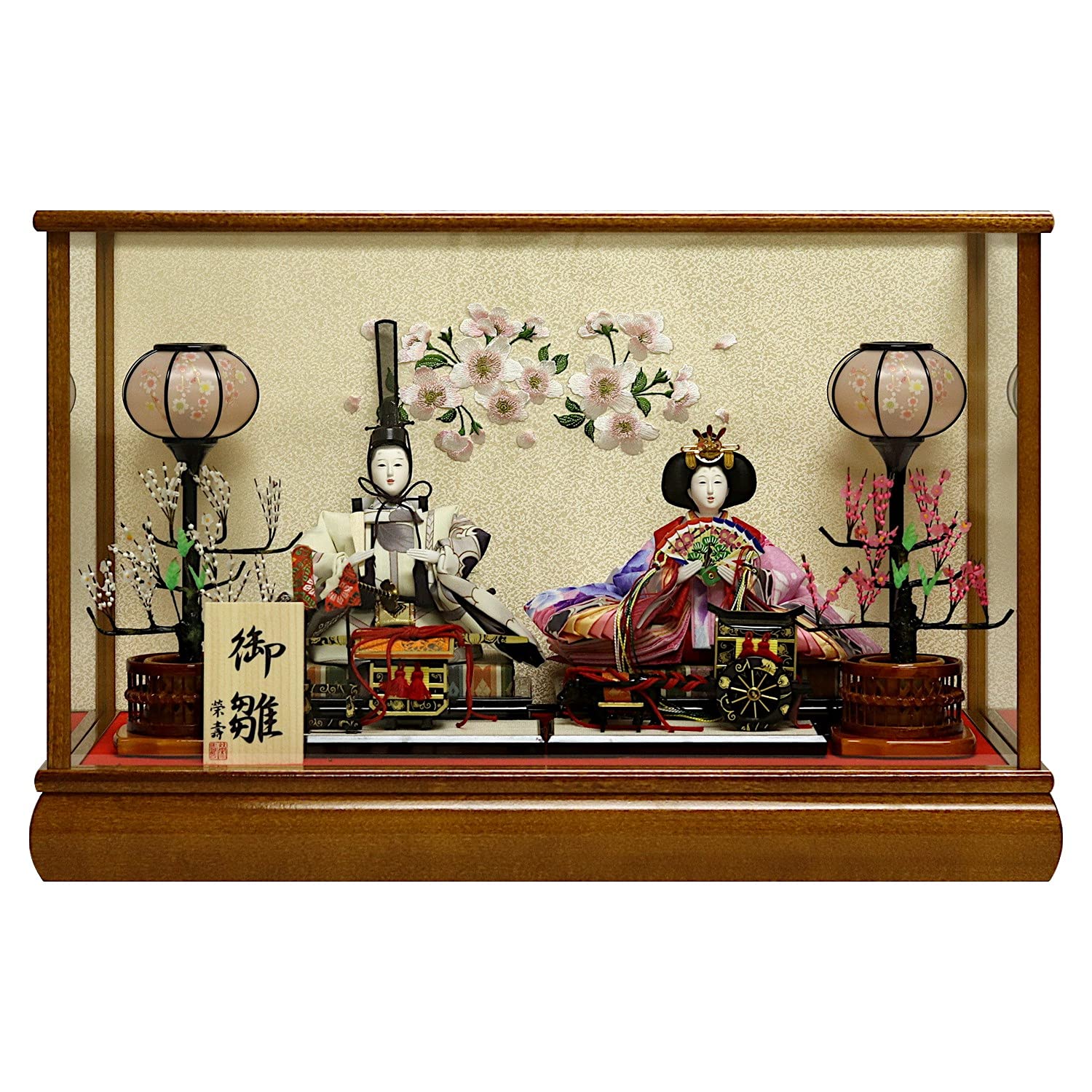 • 親王ケース飾り • サイズ:間口55.4×奥行28×高さ38cm • 衣裳着 • 木製ガラスケース • 電気コード式雪洞