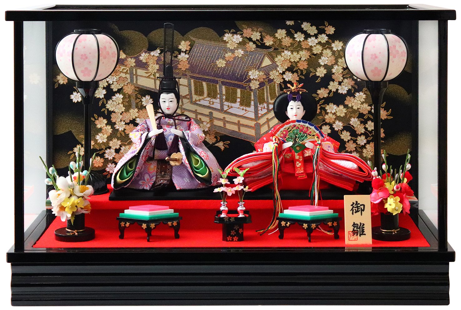 • ケース入り親王飾り • 芥子2人 • 黒艶枠ガラスケース • 間口51×奥行23.5×高さ33cm • コード式