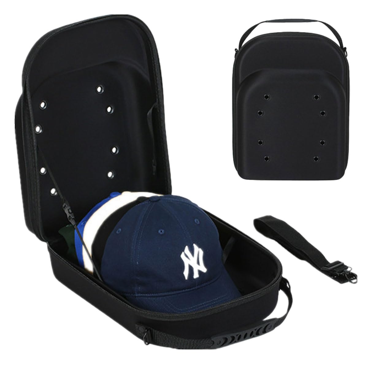 • 帽子収納ハードケースはキャップの保管や持ち運びを簡単に。ショップやフリマなどのディスプレイ什器にも使える！大切なベースボールキャップを立体的に保管でき型崩れを防ぎます。ショルダーストラップ付で携帯にも便利！ • キャップ収納バッグは、出...