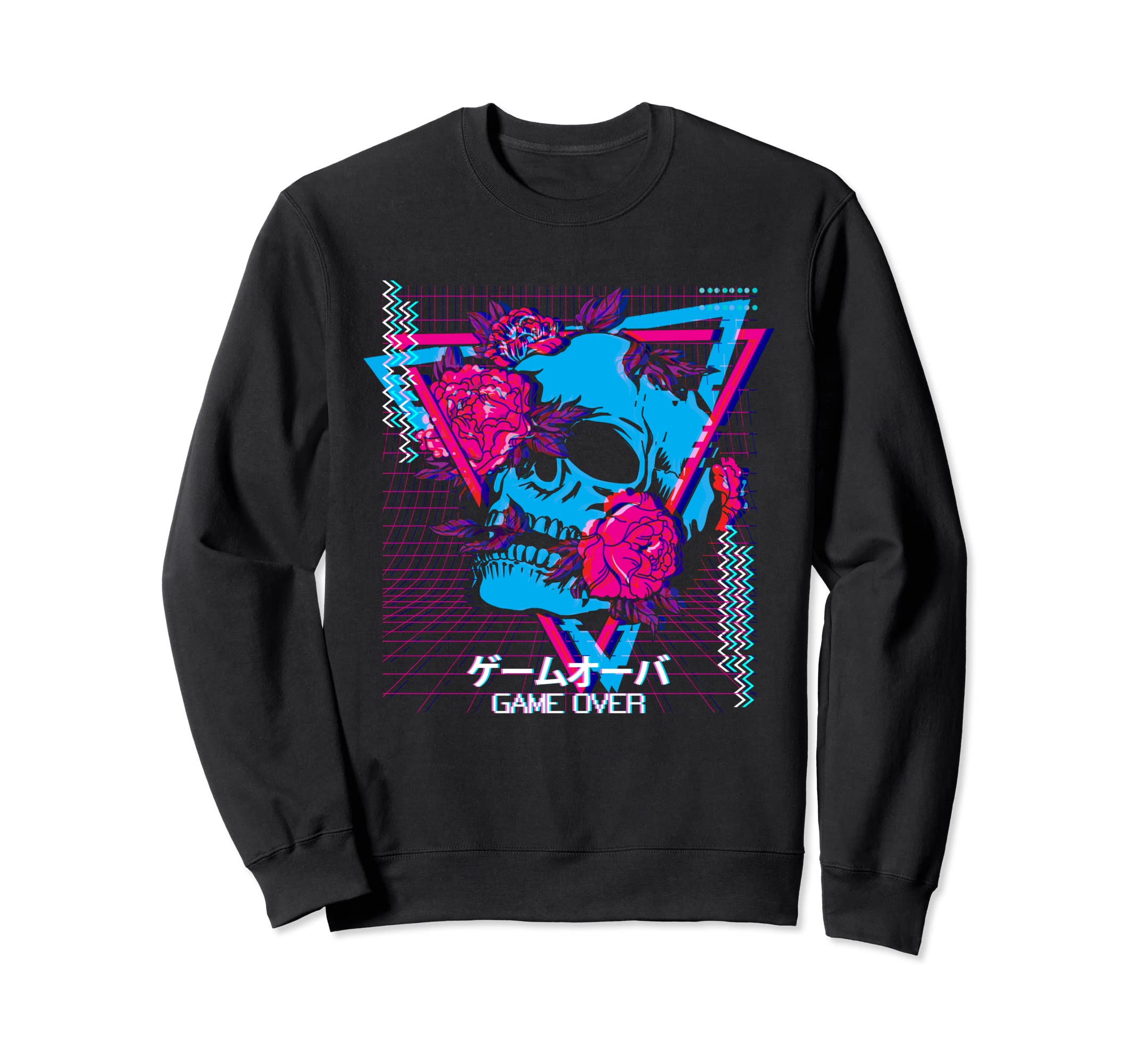 • Game over skull and roses kanji style in japanese vaporwave aesthetic halloween streetwear gltich art style as an emo ...