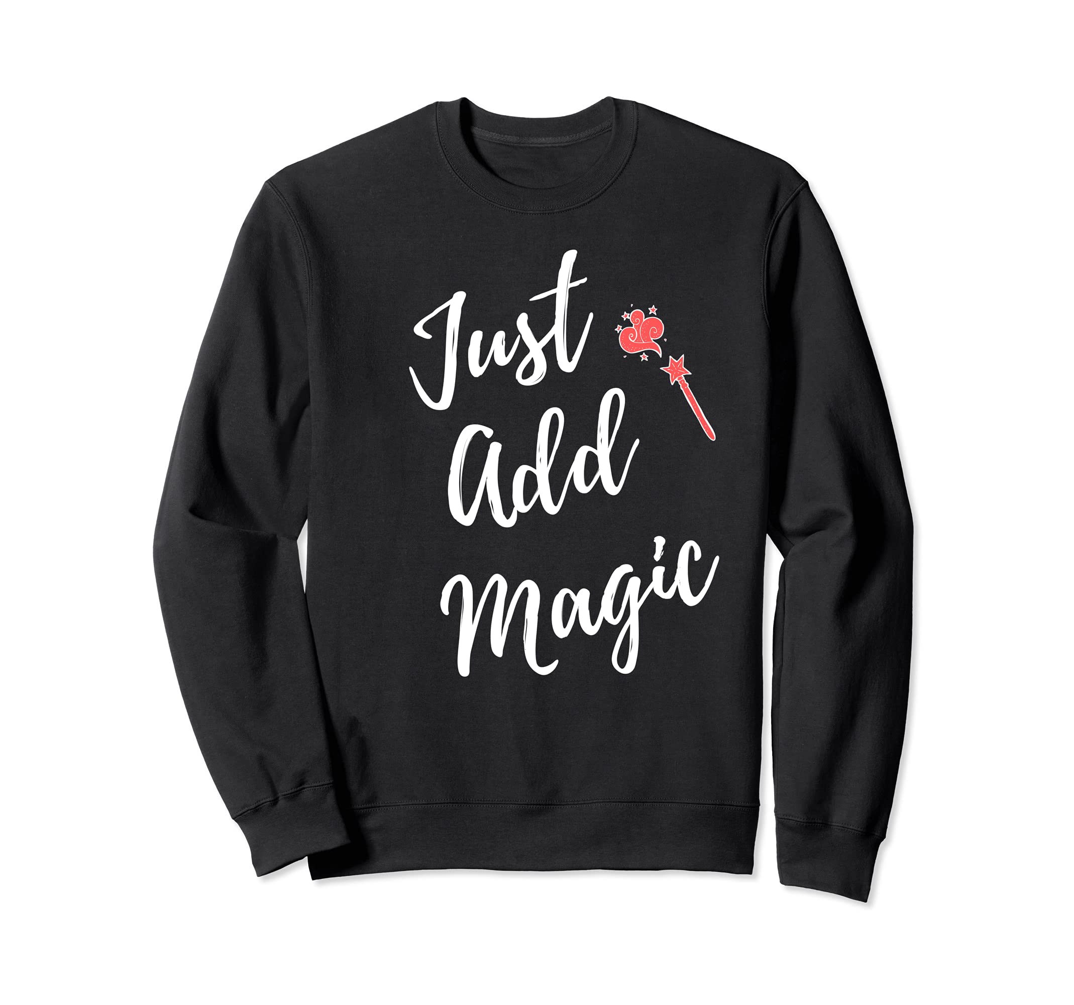 • 白いフォントで「Just Add Magic」の文字が入った赤い魔法の杖のグラフィックがデザインされています。 • 魔法が大好きですか? このデザインはあなたのため、またはマジックが好きな友人や家族への完璧なギフトです。