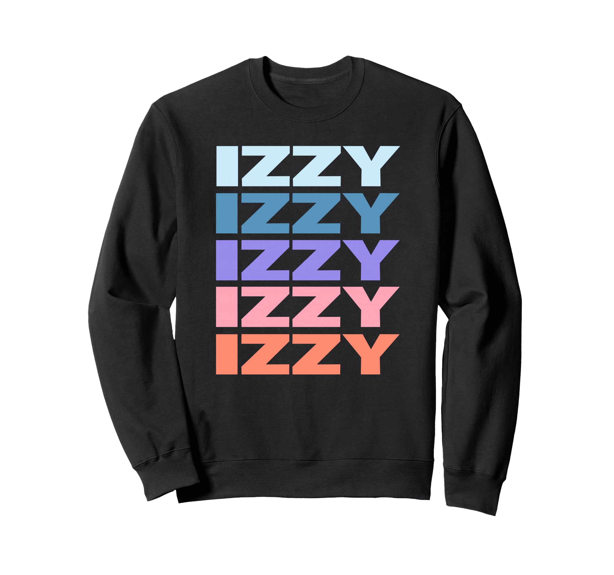 • This fun text design says "Izzy" in a super modern font and color scheme.