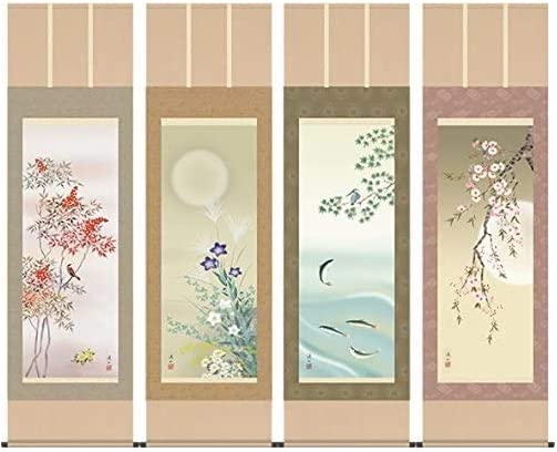 • 春夏秋冬、季節に合わせて掛け替えられる四幅組に揃えた人気の花鳥画 • 本紙　： 新絹本（特殊印刷 + 手彩色） • サイズ： 幅44.5 x 高さ164cm（尺三） • 表装　： 洛彩鍛子本表装　：表装品質10年間保証付き • 収納箱：...