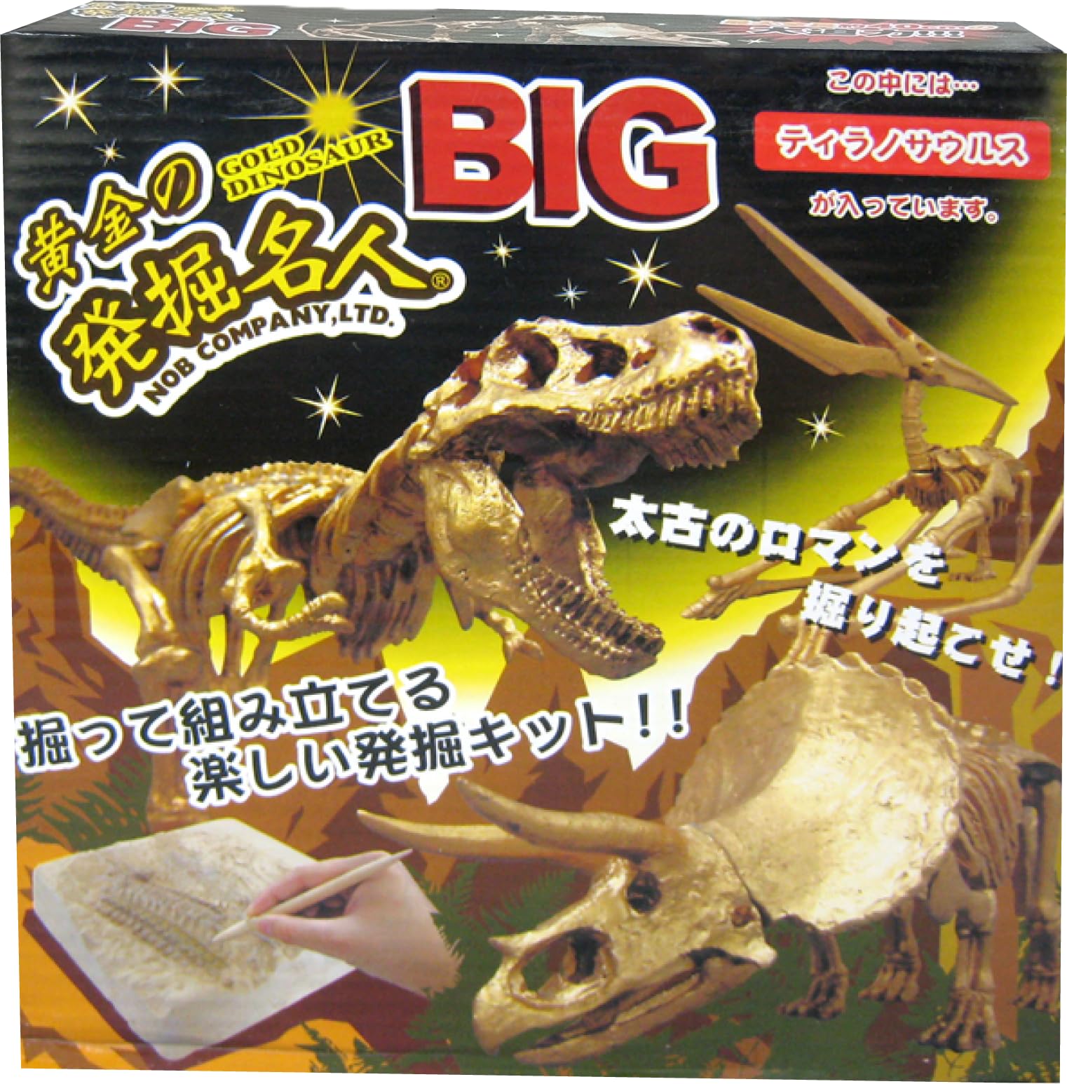 • 掘って組み立てる発掘キット。 • 出てきたパーツを組み立てて、全長約40cmの迫力満点の黄金色のティラノサウルスを完成させよう! • これが出来たら、発掘名人になれるぞ！！ • [セット内容]ブロック・ノミ・ブラシ