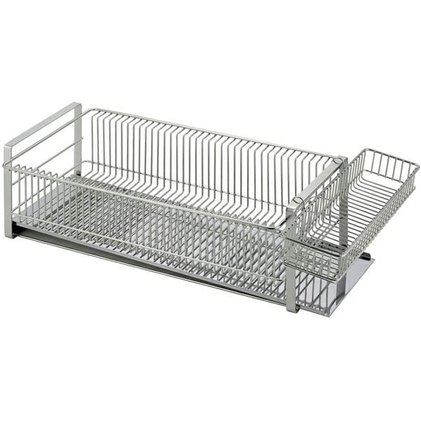 下村企販水切りラック横置き　箸置き付　スリム　35729 水が自然に流れるトレーを使用した水切りバスケット♪ 洗練された水切りバスケット。スリム形状でもお皿をたっぷり水切りできます。その秘密はワイヤー線を8mm間隔でつけたこと、同じスペース...