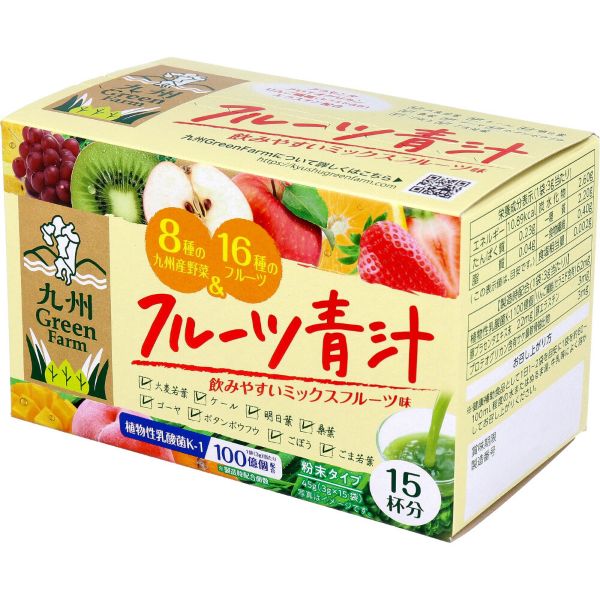 新日配薬品 九州Green Farm　フルーツ青汁 8種の九州産野菜＆16種のフルーツ。 植物性乳酸菌K-1・100億個配合（1袋（3g）当たり）。 ※製造時配合菌数。 ●大麦若葉・ケール・明日葉・桑葉・ゴーヤ・生姜・ボタンボウフウ・ごぼう...