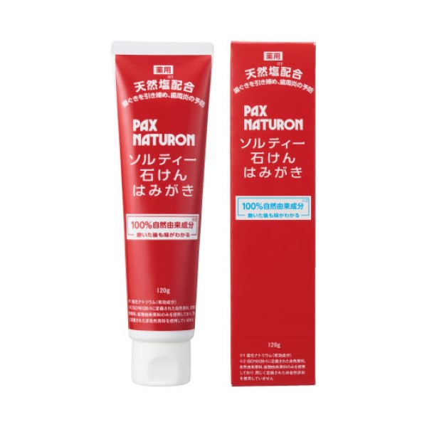パックスナチュロン 薬用ソルティー石けんはみがき 薬用歯ぐきケアタイプ！ 100％自然由来成分！ 天然塩（塩化ナトリウム（有効成分））配合で、歯ぐきを引き締め、歯周炎の予防します。 ・歯周炎（歯槽膿漏）の予防 ・歯肉（齦）炎の予防 ・口中を...