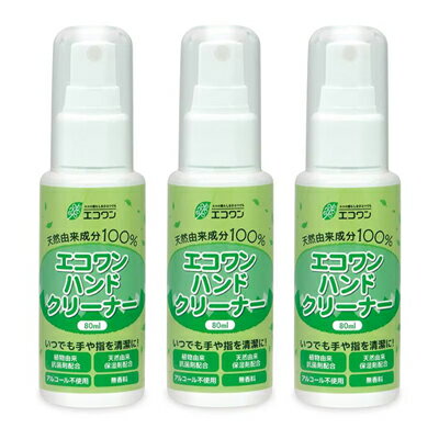 エコワン 天然由来成分100％ノンアルコールハンドクリーナー　80ml　3本セット 携帯に便利なハンディサイズ ●天然由来成分100%!手や指に使える「ハンドクリーナー」です。 ●水から生まれたアルカリ電解水を配合。 ●アルコール不使用で無...