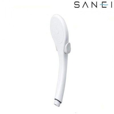 SANEI ストップシャワーヘッド　シャモジーPS39631-80XA-MW　マットホワイト 軽くて持ちやすい！シャモジ型のかわいいシャワーヘッドです。 ●他のメーカー対応のアダプター付きです。 ●ヘッドのボタンで吐水・止水ができます。 ※...