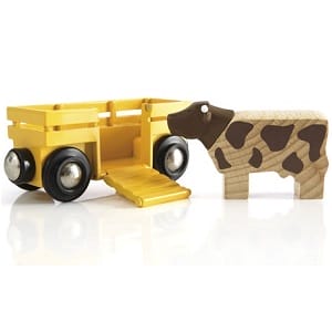 BRIO　ブリオ レールウェイ　牛とワゴン　33406 ワゴンと牛さんのセット 子どもの創造力を刺激するレールウェイ。想像力がある限りレイアウトの可能性は無限です。 ワゴンの扉を開くとそのままスロープになるので牛を安全に載せることができます...