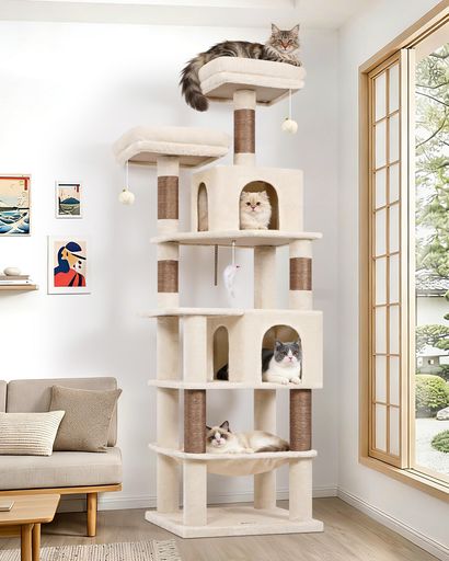 クライミング 【キャットタワー大型猫用】この据え置き型キャットタワーは、ベースサイズが52x45cm、高さ184cm、重量16.6kgです。豪華な大型キャットタワーは、猫ちゃんが周囲を見渡せる空間です。キャットハウス、展望台、ハンモック、ぬ...