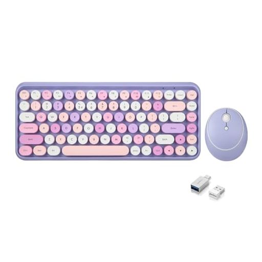 【おしゃれなレトロデザイン】タイプライターをイメージしたレトロデザインのコンパクトなキーボード・マウスセット。かわいいパステルパープルをベースにピンクと白を基調としたグラデーションカラーが特徴です。 【タイプライター風キー】可愛いタイプライ...