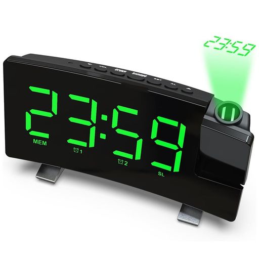 【目覚まし時計】24時間制/12時間制の2つのモードが用意されています。天井や壁に時間を投影できるプロジェクションモードもついており、180°調節して投影できる自由度が高いです。投影では5メートルの距離でピントを合わせる必要がなく、2段階の...