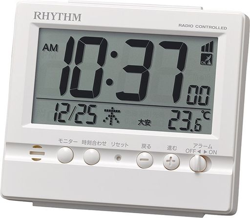 サイズ: 9.1x10.5x5.2cm 使用電源:単3x2本(別売) ムーブメント:電波時計 時刻表示: 12(AM/PM)/24時間表示切替式 サブ表示:温度(-10~50°C)、カレンダー(2099年12月31日までプログラム)、六曜表...