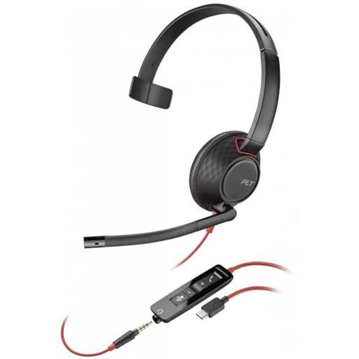 ビジネス Poly Blackwire 5210 モノラルUSB-Cヘッドセット + 3.5mmプラグ +USB-C/Aアダプター。