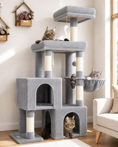クライミング 【多頭飼いに最適】2つの独立したキャットハウス、展望台、吊り下げバスケット、そして中間のプラットフォームを備えた多層構造で、複数の猫が同時に休んだり遊んだりできます。狭い居住空間でも、猫同士の縄張り争いを防ぐのに役立ちます。 ...