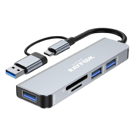 商品名:RAYFOOK Type-C/USB-Aアダプター 2in1、高速USB3.0 USB-C To USB3.0&amp;USB2.0ハブ。USBハブポート数:2ポートUSB2.0、1ポートUSB3.0、1ポートSD/TF(Micro...