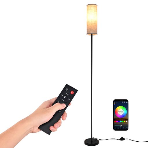 フロアライト カラー:ブラック、ベース材質:スチール、本体の高さ:約167cm、ベース直径:18cm、色温度:3000-6500K、電源コード長さ:約1.8M、重量:約2kg、セット内容:本体、リモコン(電池別売り)、説明書。取り付けも簡単...
