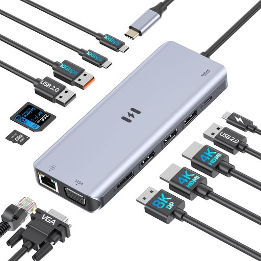 【USB-C 4画面出力 ドッキングステーション】Selore社製マルチディスプレイドッキングステーションは、1つのUSB-CポートからHDMI 4K/60Hzx2、DisplayPort 8K/30Hz、VGA 1080p/60Hzの4画...