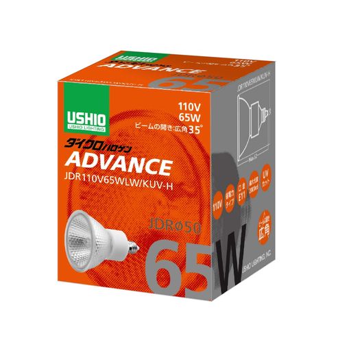 サイズ:ミラー外径50mmx全長(最大)62mm 質量:65g 定格電圧:110V 消費電力:65W ビームの開き:35° 最大光度:2000cd(カンデラ) 全光束:550lm(ルーメン)