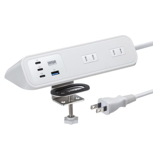 デスクの縁にしっかり固定できるクランプ式で、省スペースかつ安定した設置が可能です。 USB Type-Cポート3つとUSB Aポート1つを備え、最大65WのPD対応でノートPCなども素早く充電できます。 AC差し込み口は斜め設計で、抜き差し...