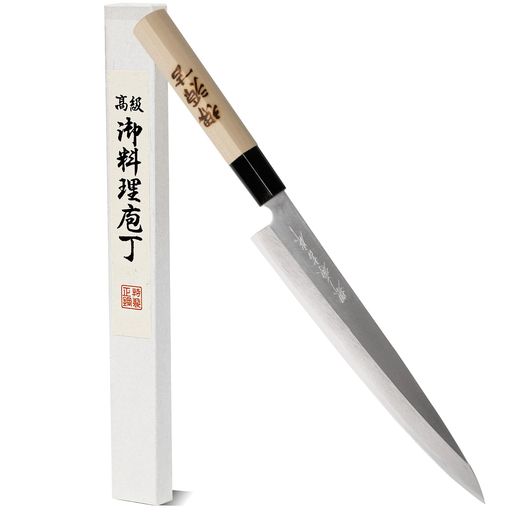 サイズ:(全長)約34.5cm、(刃渡り)約21cm、(刃幅)約3cm、(持ち手厚み)約1.9cm 素材・材質:刀身=鉄・ハガネ(SK5) 2層鋼、ハンドル=天然木(ポプラ材)、口輪=ナイロン樹脂 冷凍食品には専用の包丁をお使いください。 ...