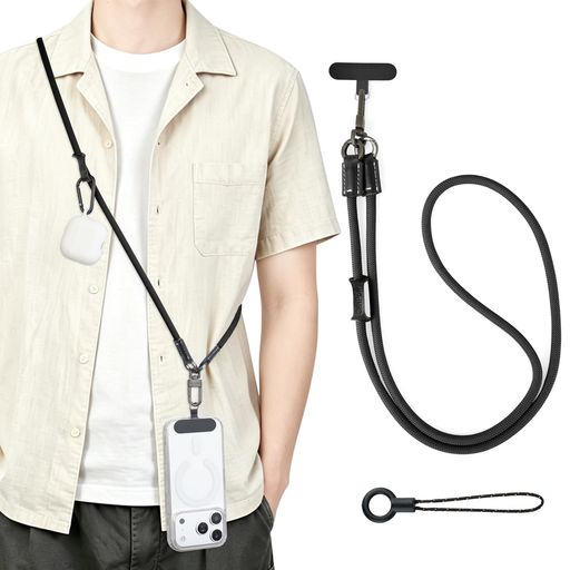 【首掛け・斜めがけ対応 スマホストラップ】全長 120cm のショルダーストラップで、首掛け・斜めがけ・肩掛けの 3 スタイルで使用可能。通勤・買い物・旅行などあらゆるシーンで両手が解放され、落下防止にも優れています。 【7mm 極太紐 肩...