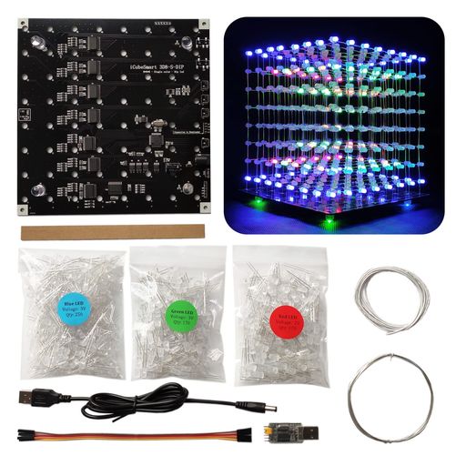 [商品の特徴と用途] オーソドックスな8x8x8LEDキューブで 赤、青、緑の512ケの丸型5mm単色LEDを組み立てます。ベースボード寸法:18x18.5cm。商品用途:趣味の電子工作、はんだ付けやプログラミングの教材、華やかなインテリア...