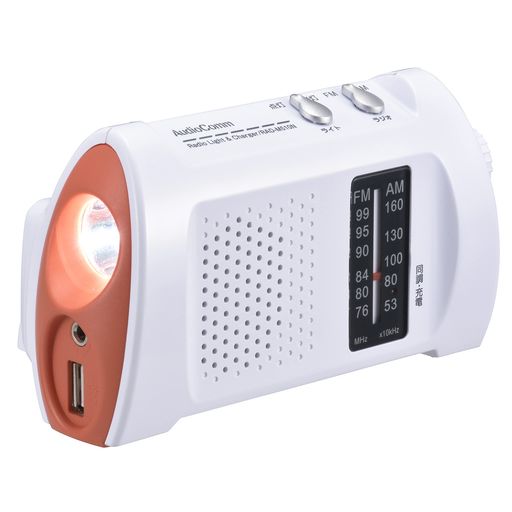 電源:乾電池...DC6V単3形アルカリ乾電池x4本(別売) 受信周波数:AM530-1605kHz/FM76-99MHz LEDライト:白色LED1灯 端子:USB端子(スマートフォン充電用)...出力5V/1.0A以下φ3.5mmイヤホ...