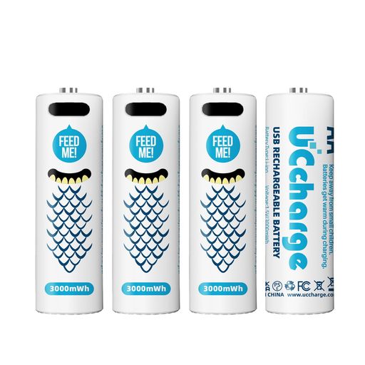 簡単充電: UCcharge 単3電池はUSB-Cポートで簡単に充電でき、専用の充電器は不要です。付属のUSB-Cケーブルで4本の電池を同時に充電可能、アウトドアや旅行先での使用に最適です。 高容量&amp;高速充電: 3000mWh(20...