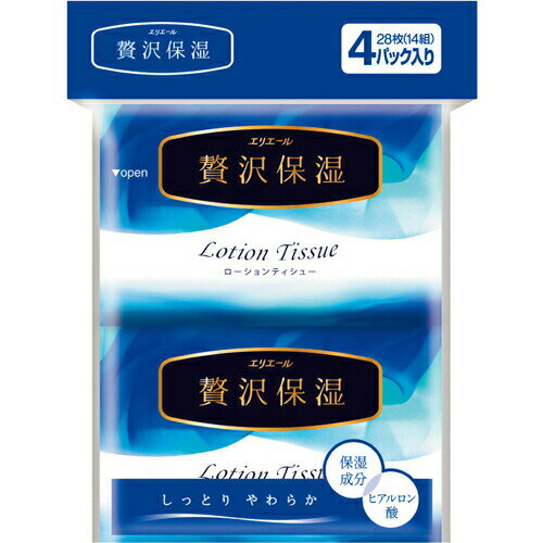 商品名 エリエール 贅沢保湿 ローションティシュー ポケット 14組(28枚)×4個 商品詳細 ※従来成分「グリセリン・コラーゲン・高分子保水成分」に加え、「ヒアルロン酸」を配合したローションティシューです。 商品説明 「エリエール 贅沢保...
