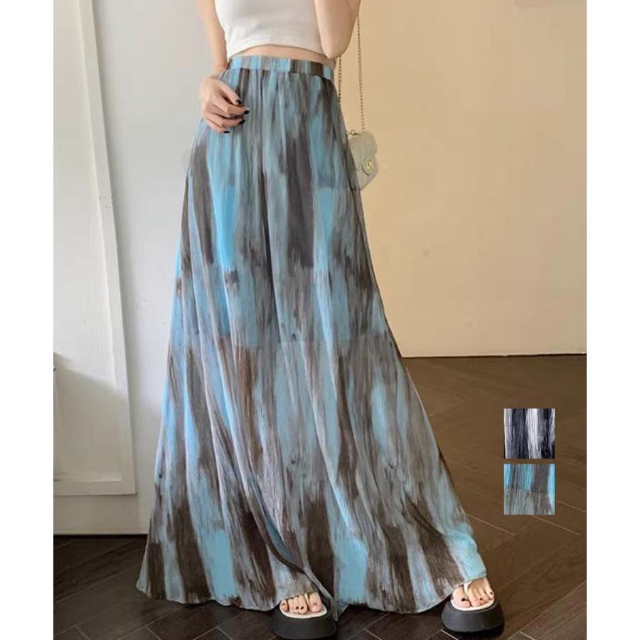 表地素材:ポリエステル100%裏地素材:ポリエステル100%カラー：グレー/ブルーサイズ：ワンサイズスカート丈:約95cm 裏地丈:約53cm ウエスト(ゴム仕様):約54-114cm ヒップ:約120cm裏地：あり伸縮性：表地のみあり透け...