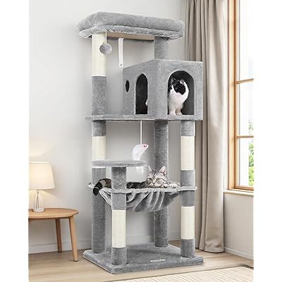 猫タワー ねこタワー 中型 据え置き キャットタワー ハンモック付き 猫用品 天然サイザル麻の爪とぎポール 猫ハウス 広い展望台 ポンポンおもちゃ 転倒防止ベルト付き 安定 頑丈 子猫 中型猫 猫ベッドカバー取り外し可能 運動不足解消 スト...