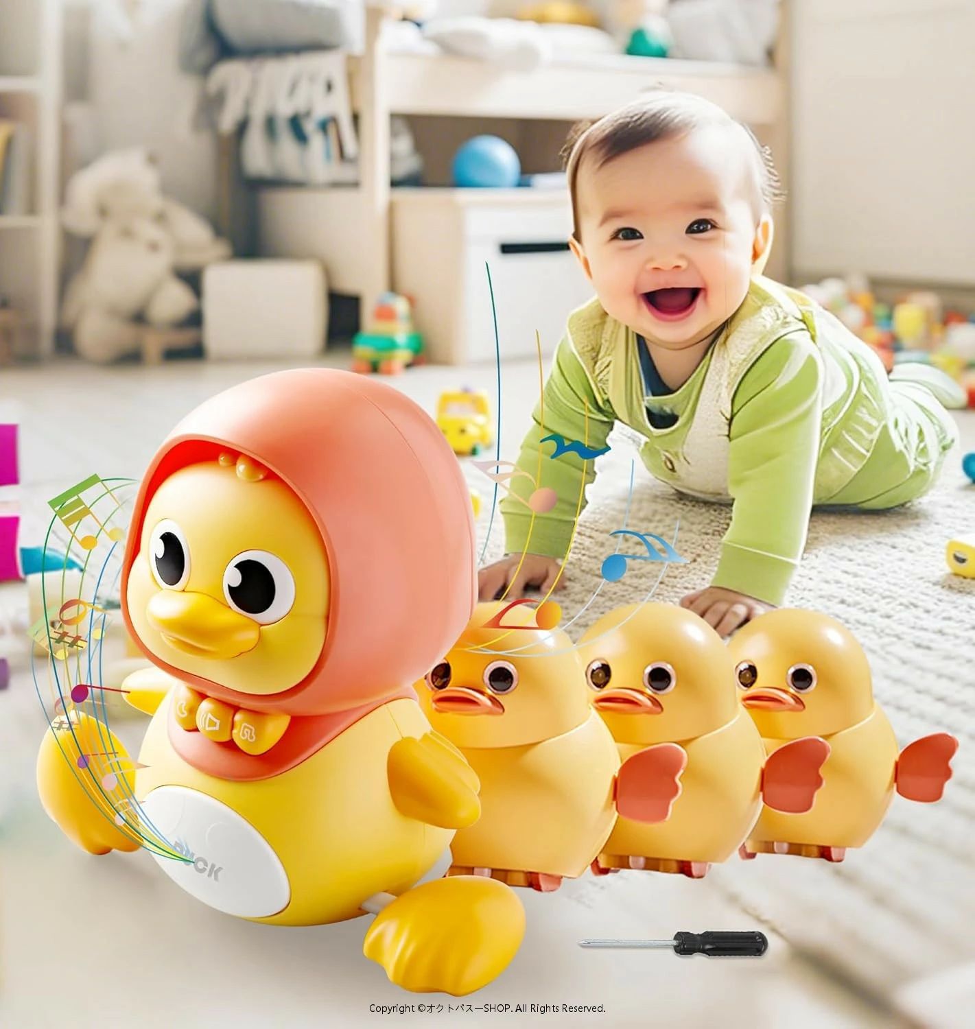 【アヒルの親子4点セット玩具】0 ~ 3歳の赤ちゃんにぴったりのベビー玩具。1羽のアヒルのお母さんと3羽のアヒルの間は磁石でつながっており、ずらりと並んで体を揺らして歩くことができます。明るい色、柔らかい明かり、好きな童謡は、赤ちゃんが這う...