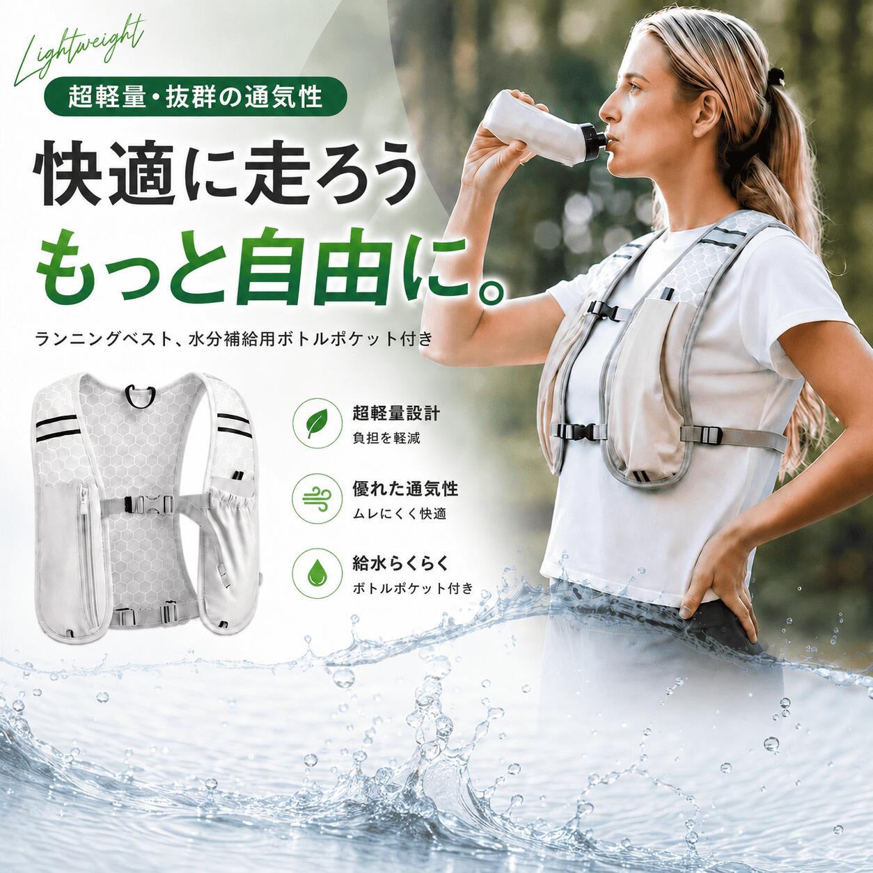 【軽量ランニングベスト】 ランニングやマラソン、トレイルランニング、サイクリングなどに便利な、軽量タイプのランニングベストです。 身体にフィットしやすいベスト型デザインで、走行中の揺れを抑えながら、スマートフォンや飲料ボトル、小物類を持ち運...