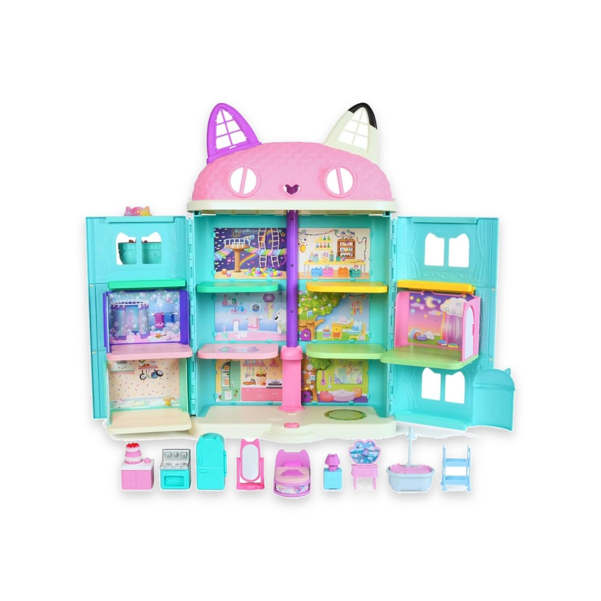 屋根裏つき、3階建ての大きなハウス! 「ギャビーのドールハウス」に登場するドールハウスのプレイセットにピロー・キャットのベッドルーム、マーキャットのバスルーム、ケーキーのキッチンルームの3つのお部屋がついたボリューム満点のセットです。 高さ...