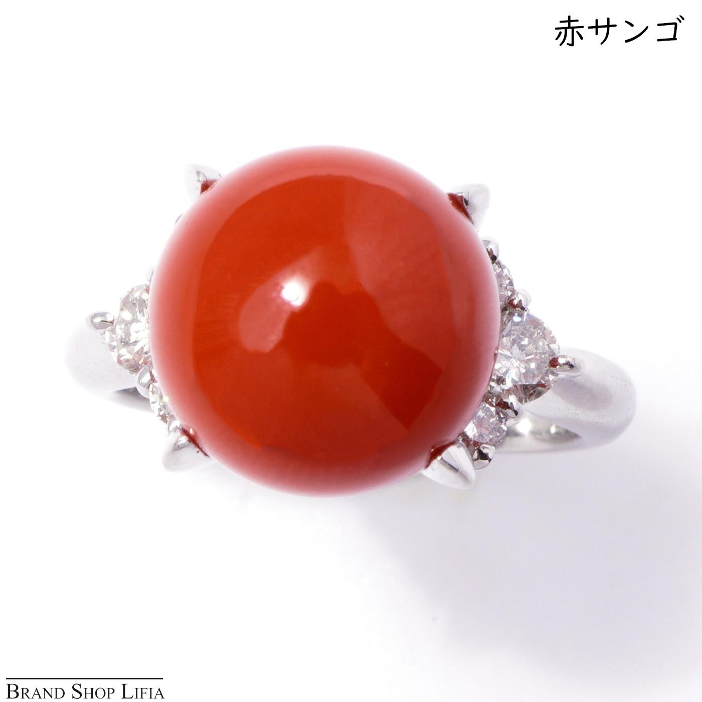 商品名 天然さんご 赤珊瑚 リング 10.6mm 無染色 丸玉 サンゴ プラチナ pt900 ダイヤモンド D0.34ct 希少 大粒 ランク A 状態 仕上げ済み ダイヤが透明感あるきらめきを保っている 目立たない所に天然由来の白フ・使用...