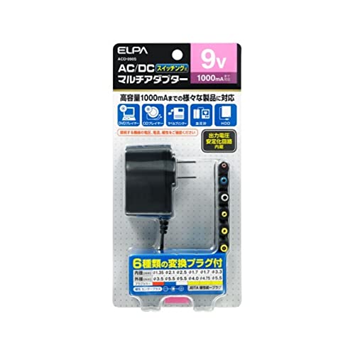 9V用ブラック/9.0V/ACD-090S・Style:9V用・パッケージ個数:1・特徴 ●家庭用コンセント(AC100V)をDC9Vの電圧に変換 ●高容量1000mA、6種類の変換プラグ付で様々な機器に対応 ●安定化回路内蔵で、電圧変動が...