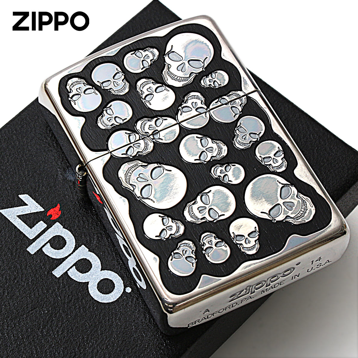 ウッドをベースにスカルを散りばめたZIPPO。イブシ仕上げのスカルが、ウッドにマッチ！贅沢に銀メッキをあしらい、古美仕上げを施したこのZippo、まるでアンティーク品のようです。 手の込んだ木象嵌は日本の職人によるもの。アクセサリーのような...