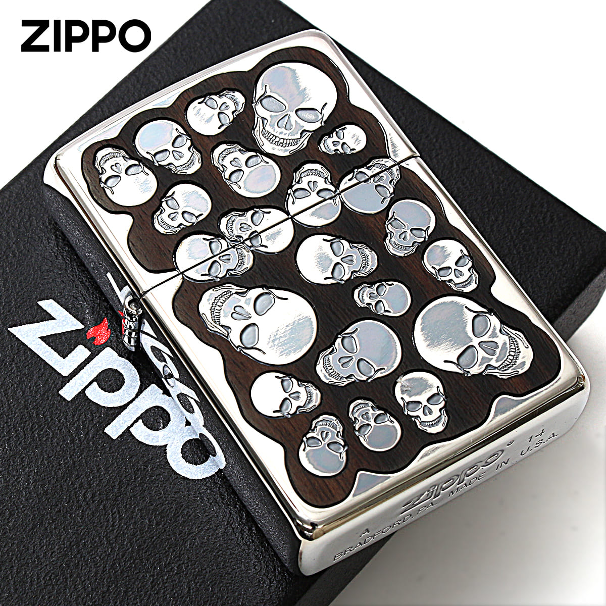 ウッドをベースにスカルを散りばめたZIPPO。イブシ仕上げのスカルが、ウッドにマッチ！贅沢に銀メッキをあしらい、古美仕上げを施したこのZippo、まるでアンティーク品のようです。 手の込んだ木象嵌は日本の職人によるもの。アクセサリーのような...
