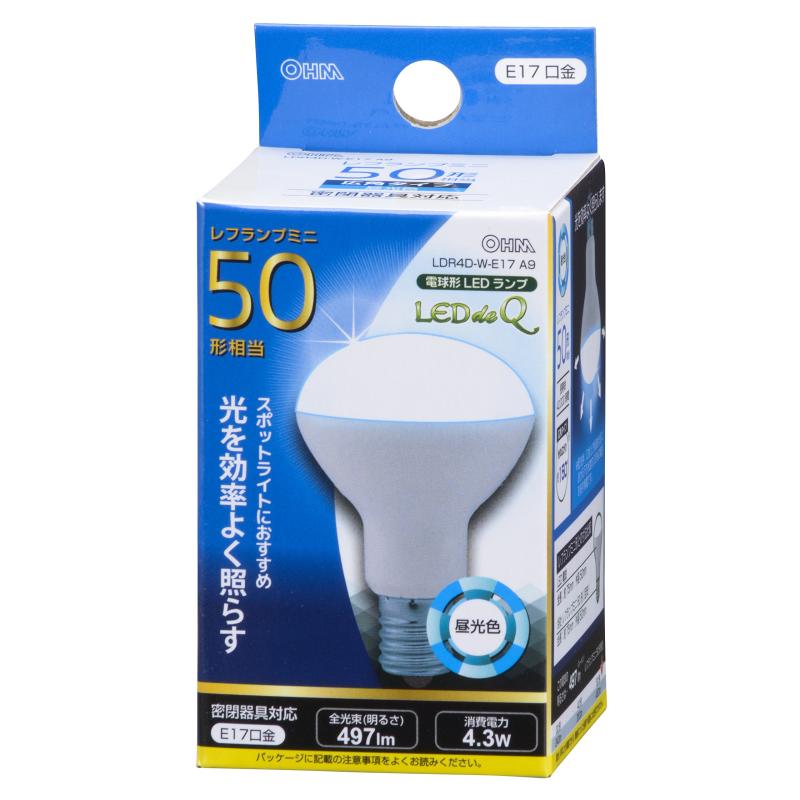 OHM LED電球 レフランプ形 E17 50形相当 4W 昼光色 広角タイプ150° LDR4D-W-E17 A9 06-0770本体重量(kg):0.038口金E17定格寿命:40000h調光器対応非対応光色:昼光色密閉型器具への取り付...