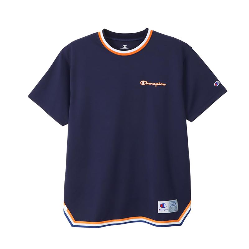 Tシャツ 半袖 丸首 DRYSAVER スクリプトロゴ刺繍 ラインリブ ショートスリーブTシャツ バスケットボール CAGERSRecycled Polyesterロゴ刺繡リブラインヘムラインテープ