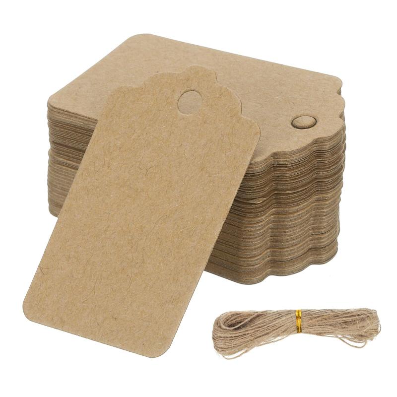PATIKIL Blank Gift Tags with String, Kraft Paper Bags Tags Rectangular Wave Label with Holes for Wedding Holiday