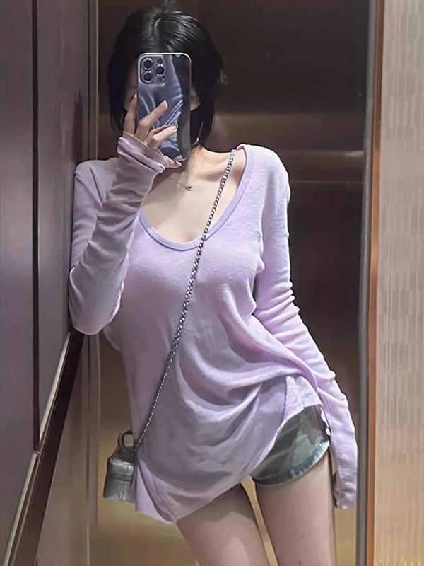 ・カテゴリ: Tシャツ・スタイル: 韓系・主な素材: ポリエステル80-90%・柄: 無地・ネックライン: Vネック・袖丈: 長袖・袖型: 標準・版型: ルーズフィット・衣長: 普通(50-65cm)・カラー展開: 紫・サイズ展開: S,M...