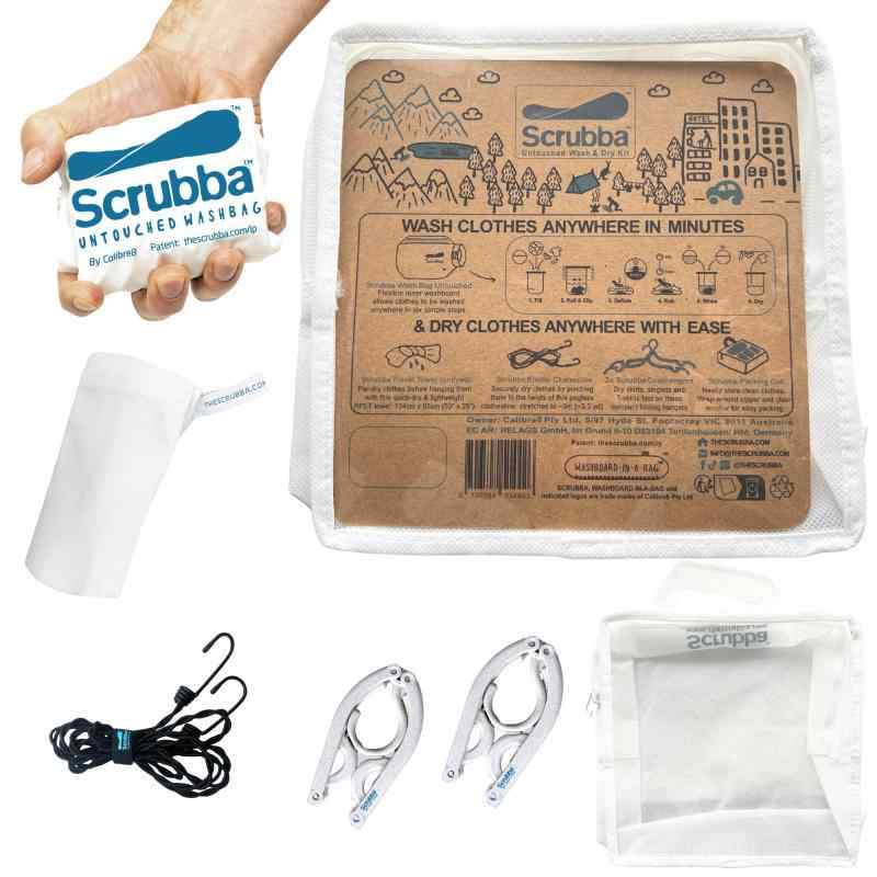 Scrubba (スクラバ) ポータブルウォッシュバッグ 手つかずキット (5個) – ホワイト 未染色 無漂白 手洗いシステム ホテル ハイキング 旅行用 – 軽量で小型 環境に優しいキャンプ用ランドリー洗濯コストを節約:高価なホテルの洗...