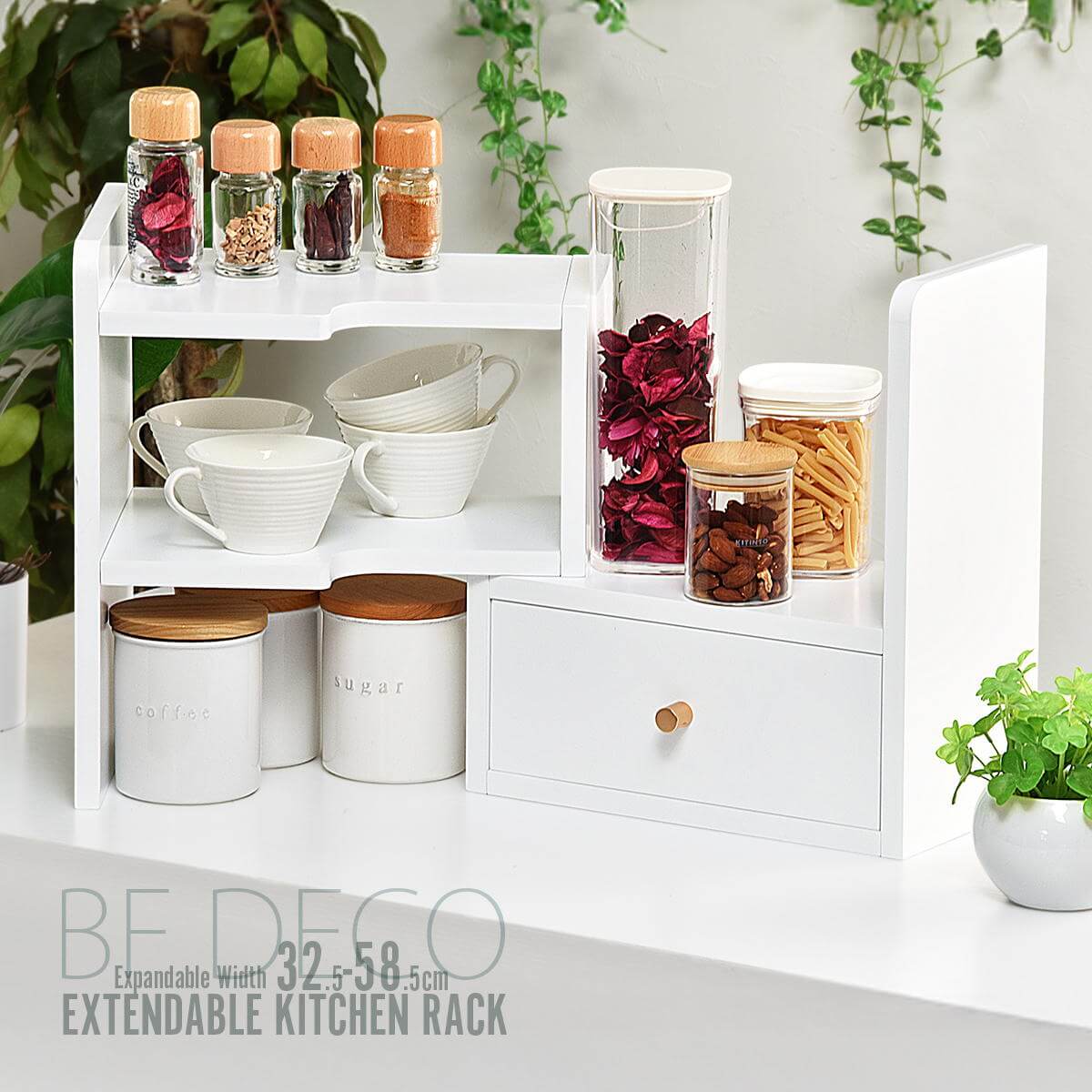 BF DECO 卓上伸縮ラック　BFLS0408 左右の棚を広げると、最大で約58cmまで伸ばせるBF DECOシリーズの卓上収納ラック。 デスクやキッチンカウンター上などマルチに使えます。 商品名 BF DECO 卓上伸縮ラック　BFLS...