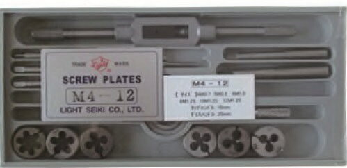 タップダイスセット　メートルネジ（M）自動車用 M4〜12セット内容・中タップ4×0.7　5×0.8　6×1.08×1.25　10×1.25　12×1.5・25径ダイス4×0.7　5×0.8　6×1.08×1.25　10×1.25　12×1...